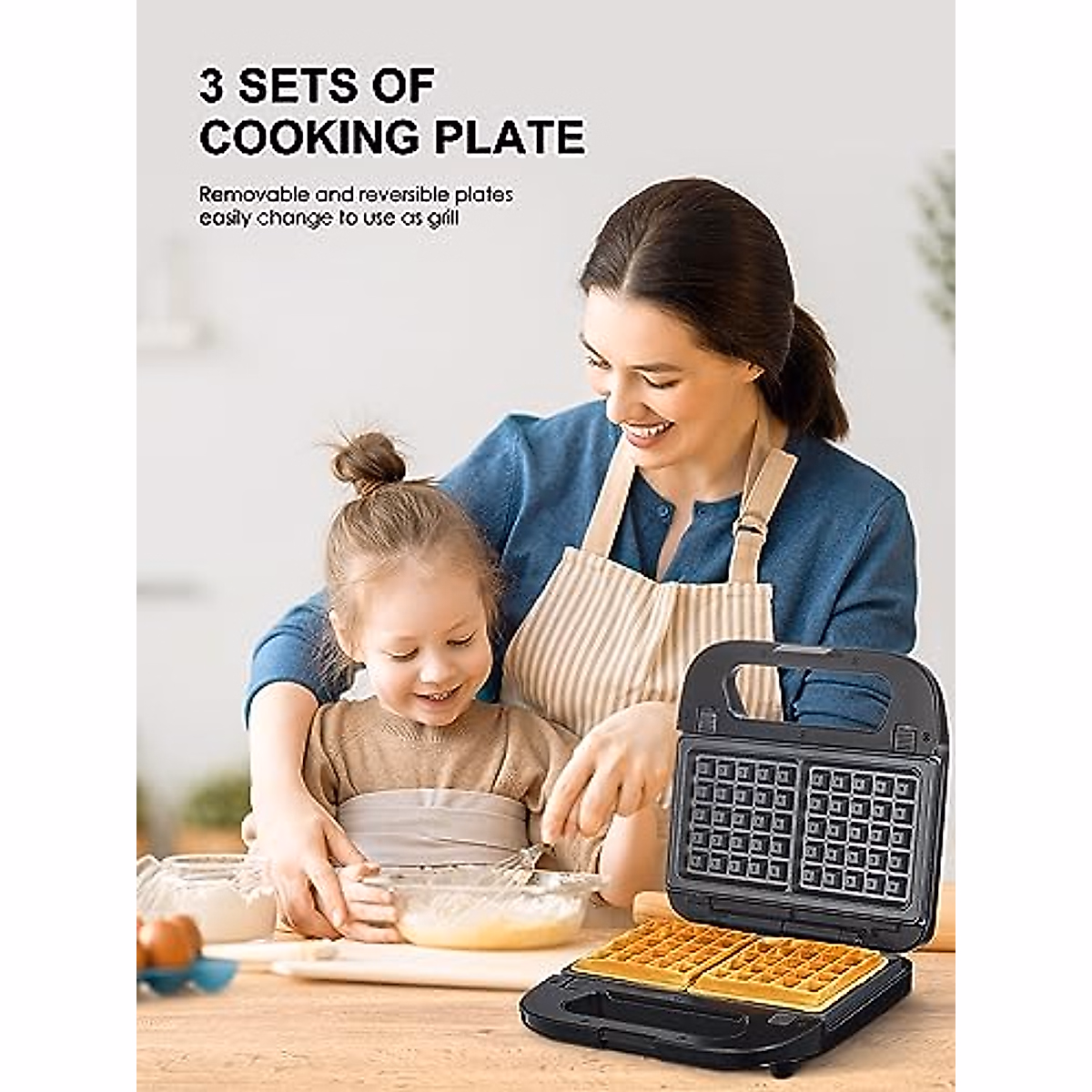 Reemix 3-in-1 Waffle, Grill & Sandwich Maker, Panini Press Grill and Waffle Iron Set with Removable Non-Stick Plates, Perfect for Cooking Grilled Cheese, Tuna Melts, Burgers, Steaks and Snacks, Black (3 in1 Sandwich Maker With Plastic Handle)