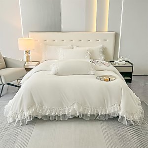 MOOWOO Chic Ruffle Lace Polyester Duvet Cover Set -Girl Red Bedding-3 Piece Queen Duvet Cover with Zipper Closure -Ultra Soft and Light Weight (White,Full)