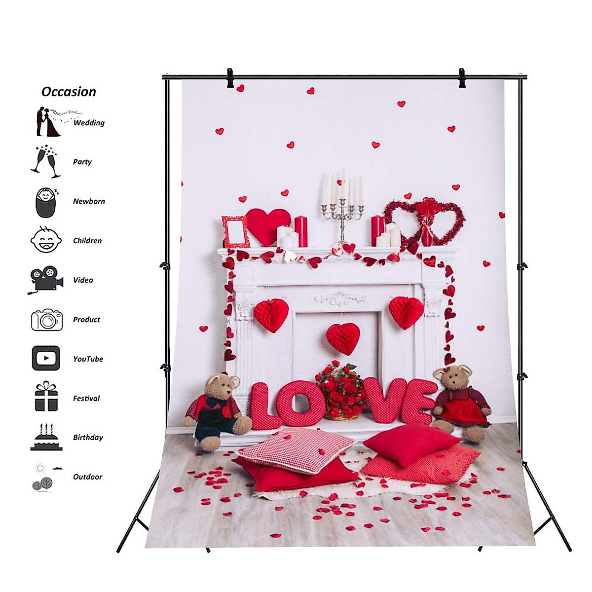 Valentines Backdrop 5x7ft Fabric Rustic Fireplace Backdrop Flowers Happy Valentine Backdrop Kids Valentine Pictures Backdrop Valentines Party Decoration Background Valentine Video Backdrop