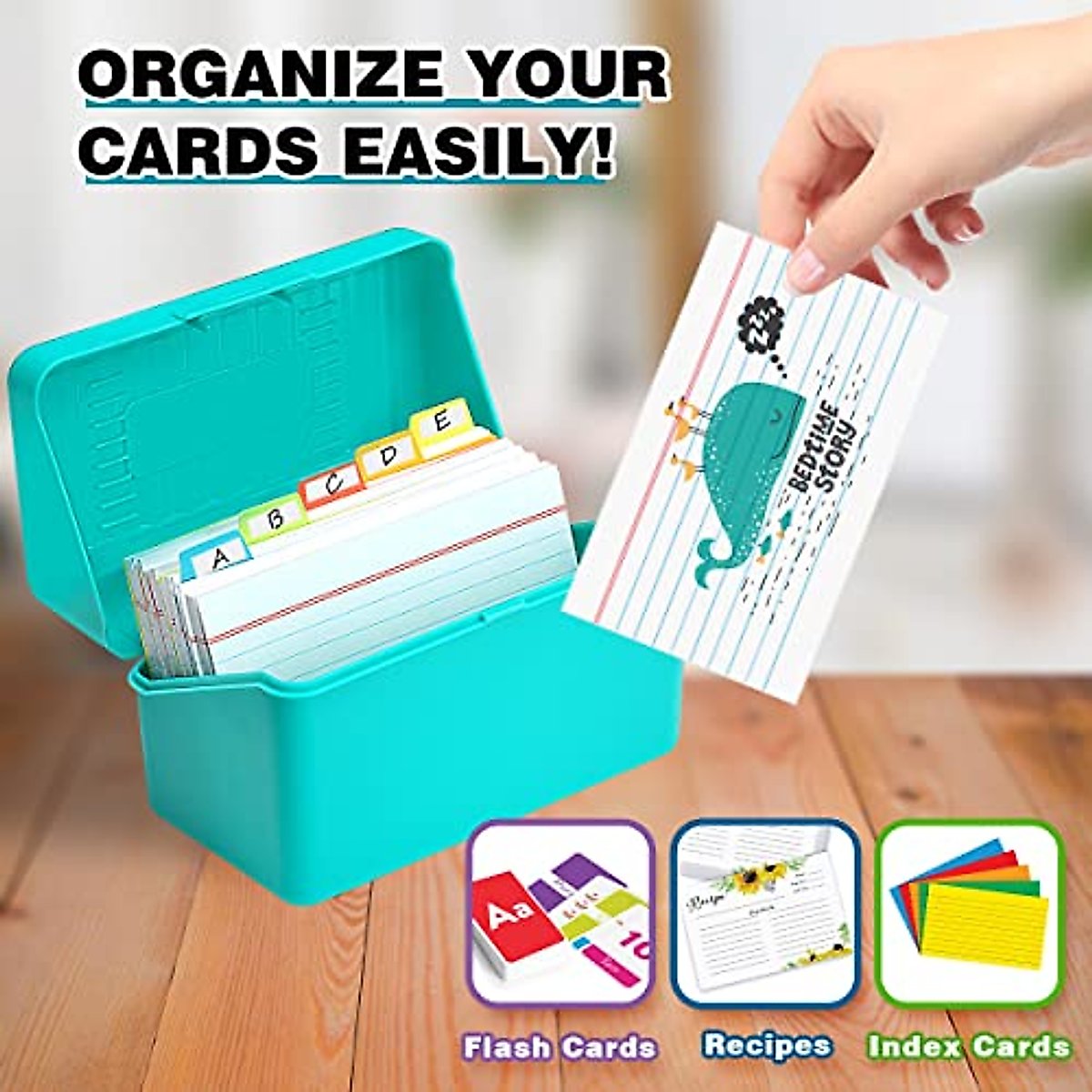H4D 3x5 Index Card Holder with Dividers and Ruled Index Cards 100 Count, Teal