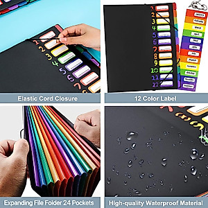 Edufun Rainbow Tab Expanding File Folder - 24 Pockets, Durable A4 Letter Size Organizer, Water-Resistant Plastic Dividers, Home/Office/School Document Holder (Black)