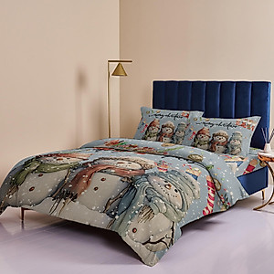 Christmas Snowman Winter Snowflakes Duvet Cover Sets 4 Piece Full Ultra Soft Bed Quilt Cover Set for Kids/Teens/Women/Men,Xmas Stocking Retro Linen Blue Bedding Collection All Season Use