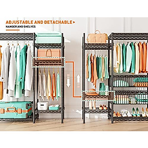 Raybee 77" H Clothes Rack Heavy Duty Clothing Racks for Hanging Clothes with Basket Drawers Load 850 LBS 75" Wide Large Clothes Rack with Shelves Adjustable Wire Garment Rack Free Standing Closet