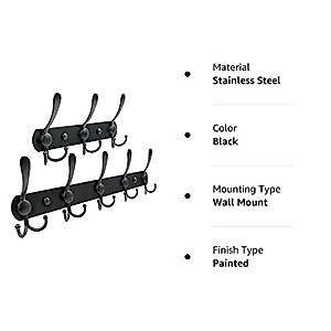LotFancy Wall Mounted Coat Rack, Black Coat Hooks for Wall, 3 and 5 Tri Hooks, Stainless Steel Heavy Duty Metal Hook Rail for Coats, Hats, Towels, Handbags, for Kitchen, Mudroom, Entreway