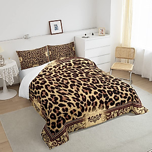 Brown Leopard Print Comforter Set Full Size,Kids Girls Woman Novelty Room Decor,Abstract Wild Animal Skin Down Comforter,Paisley Floral Boho Bedding Set,Rustic Retro Duvet Insert,2 Pillowcases