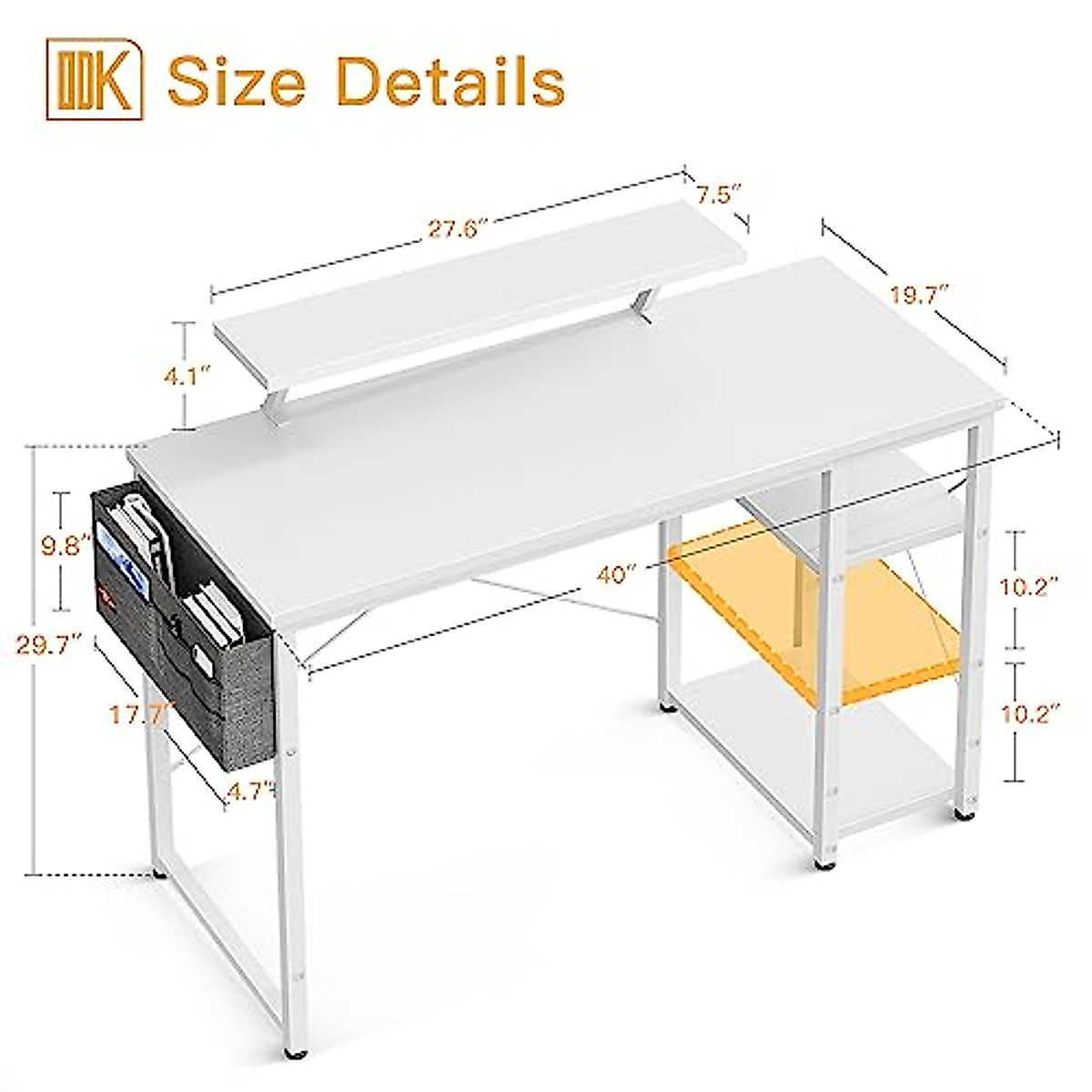 ODK 40 Inch Computer Desk with Monitor Stand and Reversible 2-Tier Storage Shelves Home Office Desks, Work Study PC Office Desk for Small Spaces, White Desk with Shelves