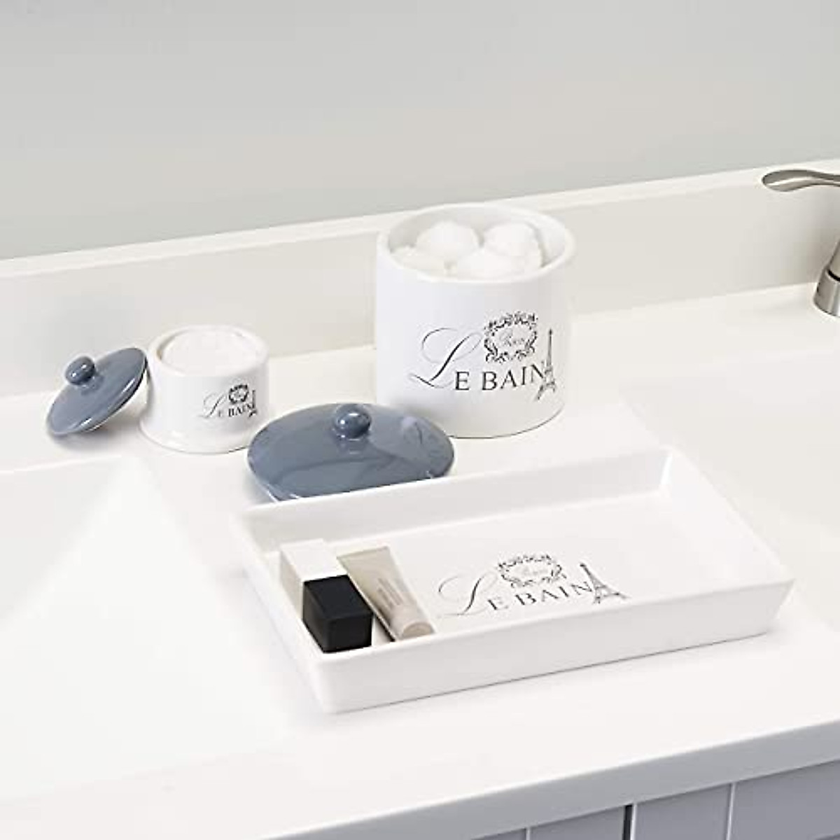 Home Basics, White Le Bain Paris 2 Piece Canister Set with Coordinating Ceramic Vanity Tray