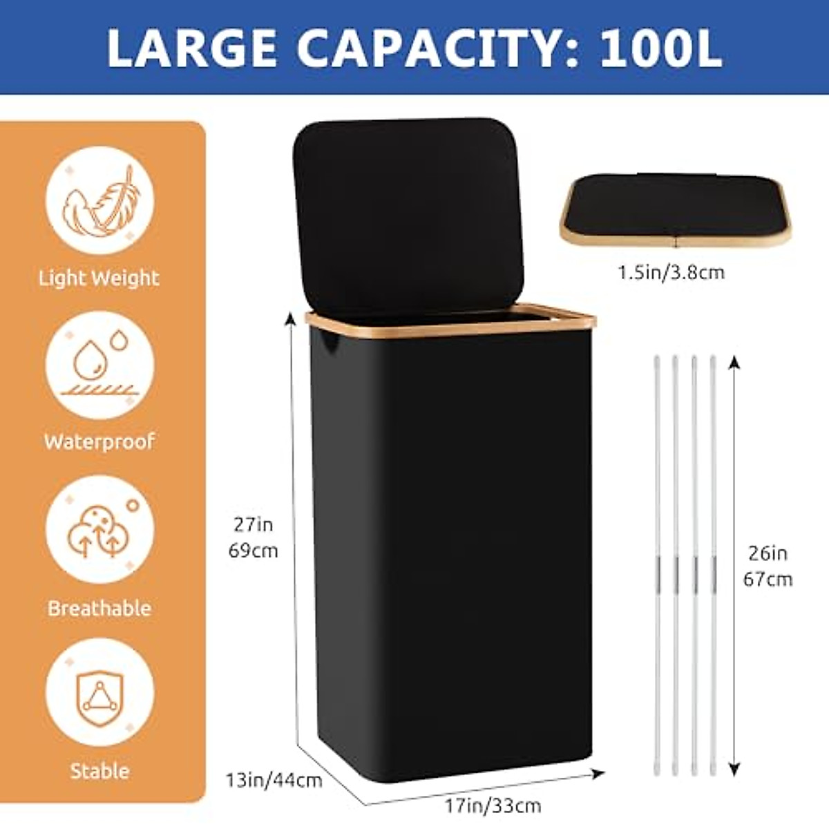 Large Laundry Hamper with Lid by Fiona's magic, 100L Tall Laundry Basket with Handle, Storage Basket for Clothes and Toy, Collapsible Laundry Hamper with Removable Bag for Bedroom, Bathroom, Black