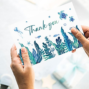 JarThenaAMCS 24 Set Under the Sea Thank You Cards with Envelopes and Stickers Blue Seaweed Sea Turtles Fish Greeting Cards for Birthday Wedding Baby Shower, 4 x 6 Inch