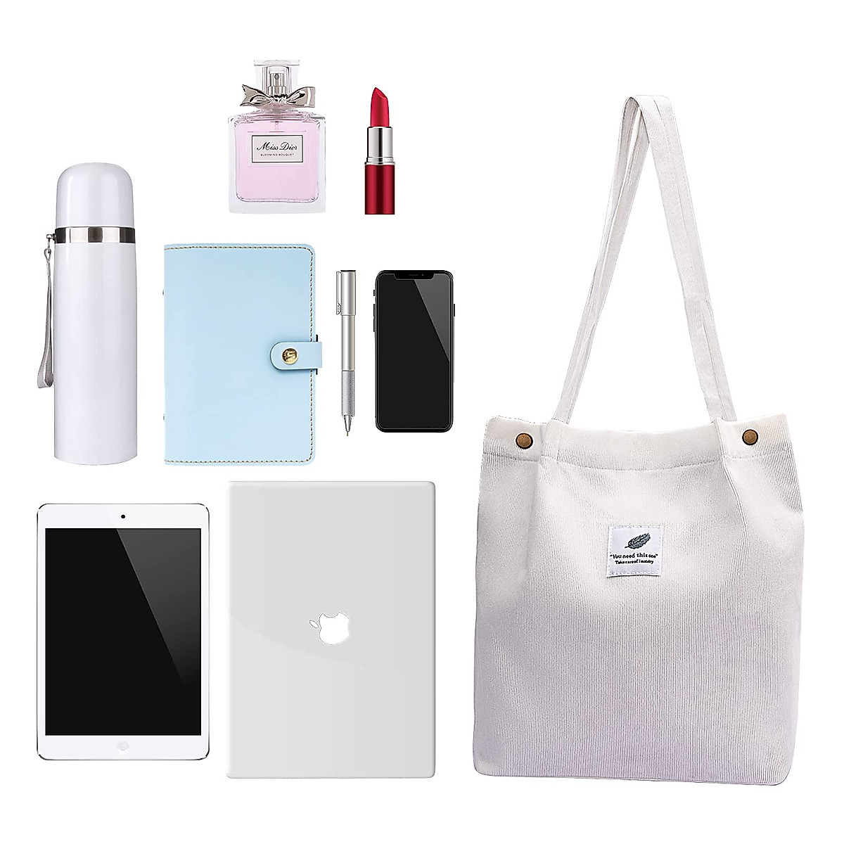 Diesisa Tote bag, 2-Pack Canvas Tote bag for women + Purse, Reusable Corduroy Tote Bag Shoulder Bag with inner zipper pocket for women girls Gift - White+Pink