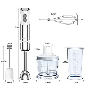 Immersion Blender, 5 in 1 Hand Blender, 12 Speed and Turbo Mode Immersion Blender handheld, Blender Electric Stainless Steel with Milk Frother, 600ml Beaker, 500ml Chopper, Egg Whisk