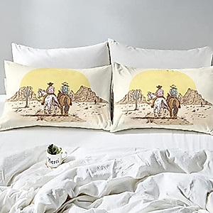 Erosebridal Cowboys Fitted Sheet Full Wild West Bed Sheets for Men Women Kids American Western Riding Horses Sunset Mountain Cactus Cowgirl Sheets Cartoon Hand Drawn Yellow Brown Bedding Set