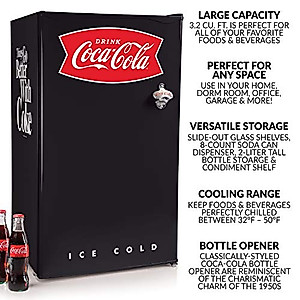 Nostalgia Coca-Cola Refrigerator with Freezer, 3.2 Cu. Ft., Adjustable Temperature Cools as Low as 32 Degrees, Bottle Opener, Ice Cube Tray, Scraper Included, Black