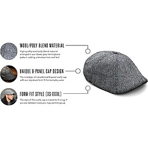 The Original Boston Scally Cap - The Peaky Newsboy Flat Cap - 8 Panel Cotton Fitted Hat for Men - Grey Herringbone