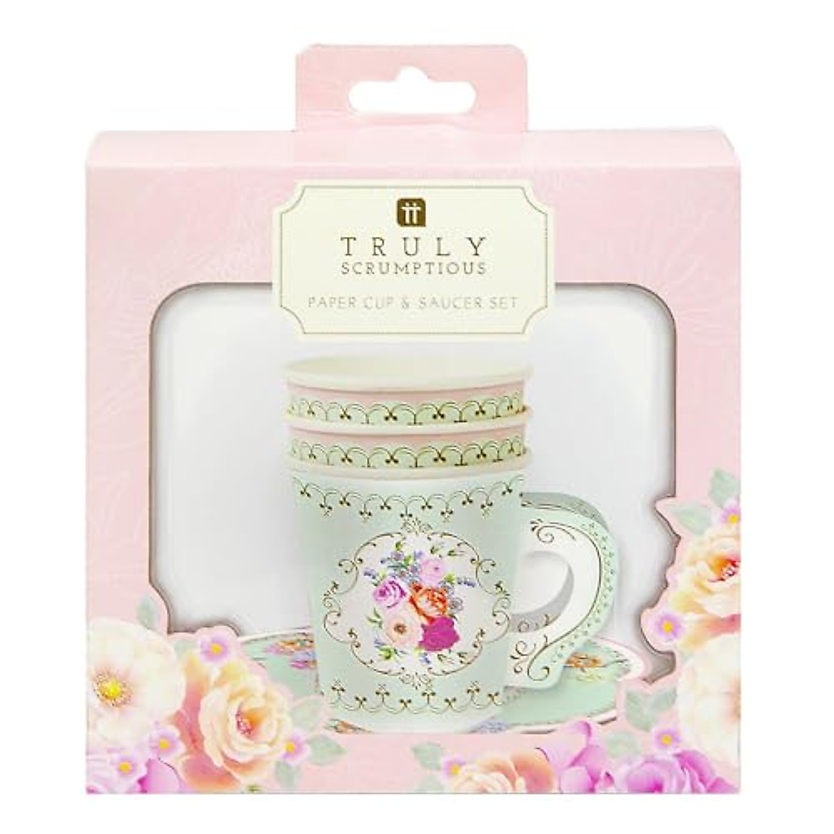 Talking Tables 24 x Pretty Vintage Disposable Floral Cup & Saucer Afternoon Tea Party Set, Truly Scrumptious Disposable Tableware for Mother’s Day, Kids Birthday Bridal Baby Shower, Weddings