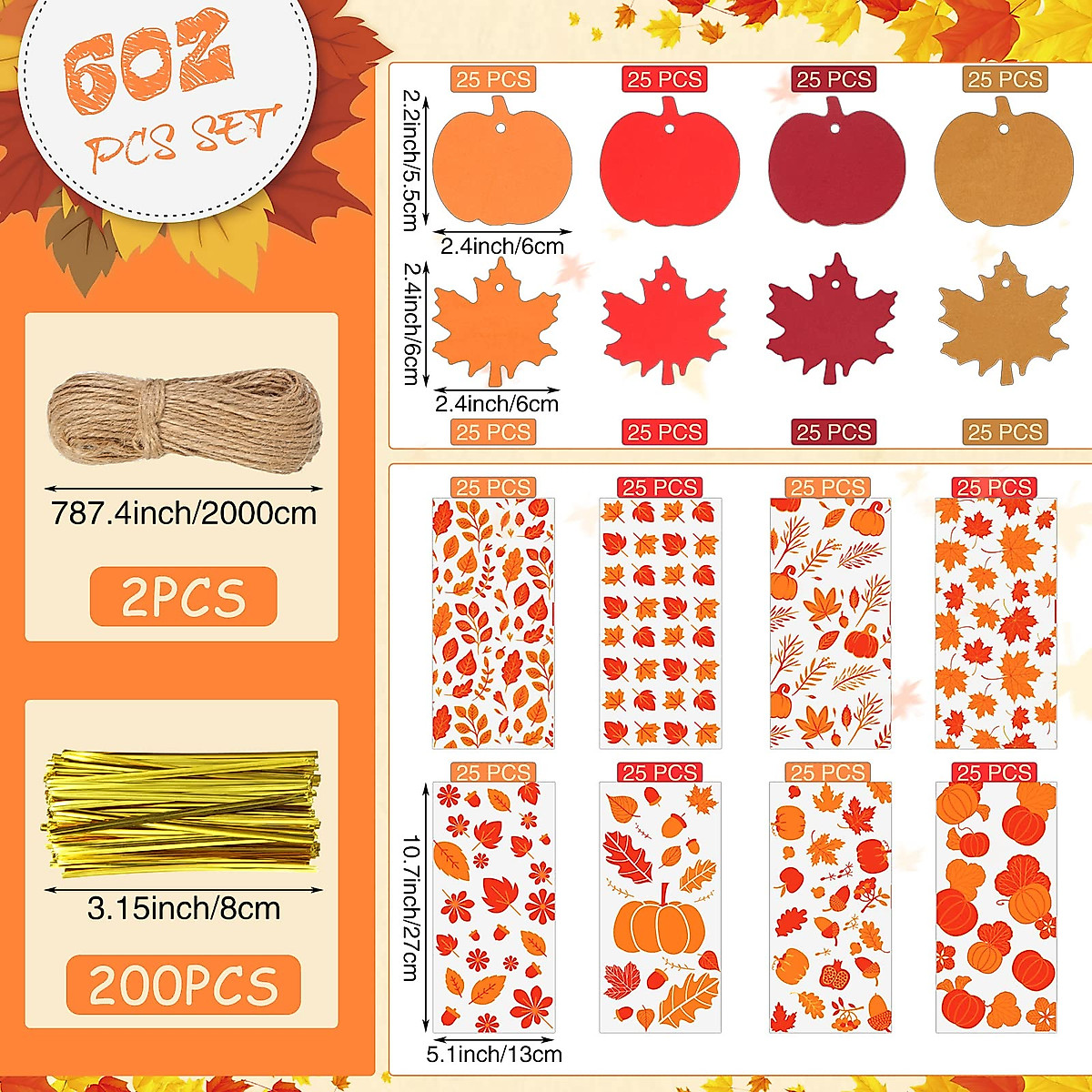 Remerry 600 Pcs Fall Cellophane Treat Bags Thanksgiving Candy Bags Fall Goodie Bags Maple Leaf Pumpkin Bags with Pumpkin Maple Leaf Tags Gold Twist Tie Twine Autumn Party Supplies