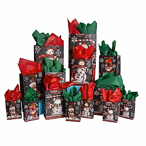 42-Pc. Chalkboard Snowman Gift Bag Set - Unique Winter Christmas Design for Kids and Adults - 14 Small, Medium, and Large Bags with 28 Red and Green Tissue Papers - Best for Presents and Party Favors