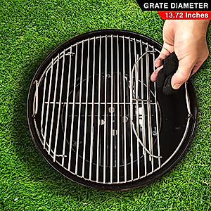 GRILLVANA 201 Stainless Steel Charcoal Grill Cooking Replacement Grate (ACTUAL DIAMETER 13.72 INCHES) With handles and hinges - Compatible with Weber 14" Smokey Joe