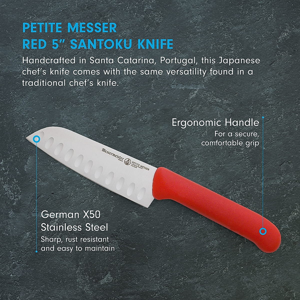 Messermeister Petite Messer 5” Kullenschliff Santoku Knife, Red - German 1.4116 Stainless Steel & Ergonomic Handle - Lightweight, Rust Resistant & Easy to Maintain