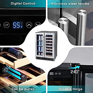 BHTOP Wine Fridge, 24" Beverage Refrigerator, Dual Zone Beverage Fridge Cooler, Holds 27 Bottles and 60 Cans, Stainless Steel French Door Digital Temperature Control, Key Lock Quiet Operation