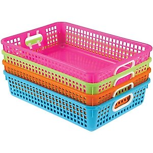 Really Good Stuff Plastic Desktop Paper Storage Baskets for Classroom or Home Use – Plastic Mesh Baskets in Fun Neon Colors – 14.25” x 10” – (Set of 4)