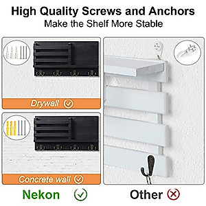 Nekon Mail Holder for Wall – Rustic Mail Organizer with Key Hooks for Hallway Kitchen Farmhouse Decor – Letter Sorter Made of Paulownia Wood with Floating Shelf, (16.5” x 9.1” x 3.4”)