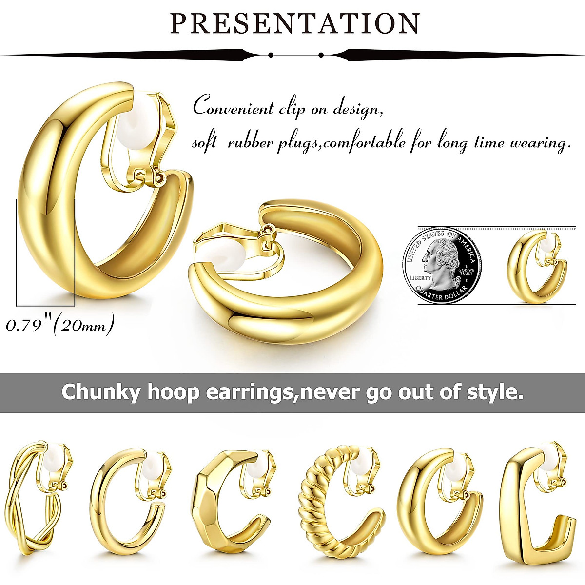 FUNRUN JEWELRY 6Pairs Clip on Hoop Earrings for Women Gold Chunky Hoop Earrings Non Piercing Fake Earrings Set（Gold）