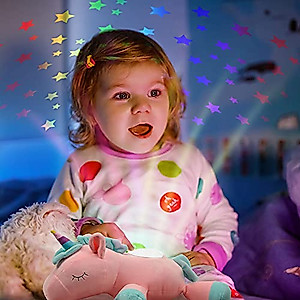Linzy Toys Starry Night Baby Night Light with Projector with Soothing Sounds, Lullabies and White Noise Soother for Kids, Nursery Decor, Stuffed Animal Unicorn (57801), Pink