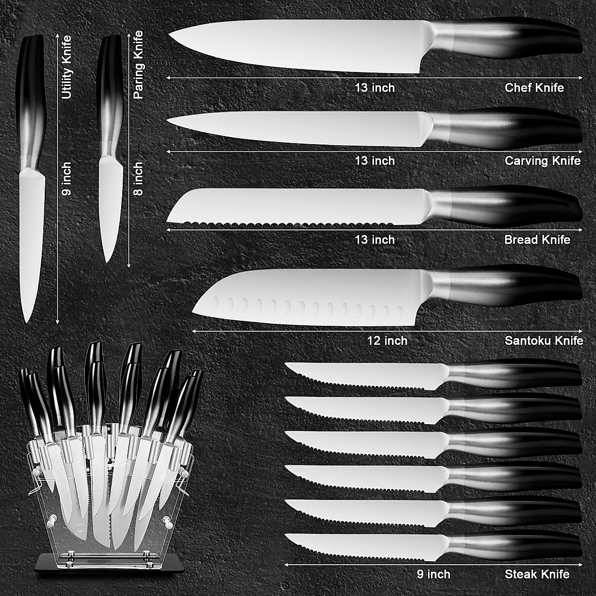 Knife Set, 12 PCS kitchen Knife Sets with Block, Stainless Steel 6 Steak Knives, Chef's Knife, Carving Knife, Santoku Knife, Bread Knife, Utility Knife and Paring Knife with Acrylic Stand, Black