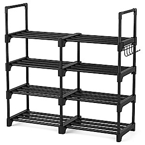 ROJASOP Shoe Rack Storage Organizer for Closet Entryway,16 Pairs 4-Tier Stackable Shoe Shelf for Hallway Bedroom Garage Dorm with Side Hooks Black Free standing Space Saving Shoe Tower