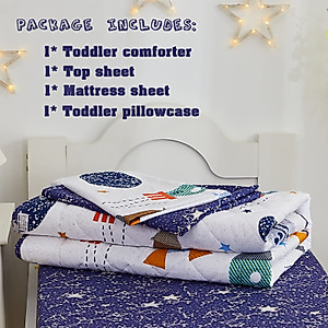 Brandream Outer Space Toddler Bedding Sets for Boys Spaceship Galaxy Rocket Bed in A Bag Cotton Comforter Set, 4PCS Includes Comforter, Top Sheet, Mattress Sheet, Pillowcases