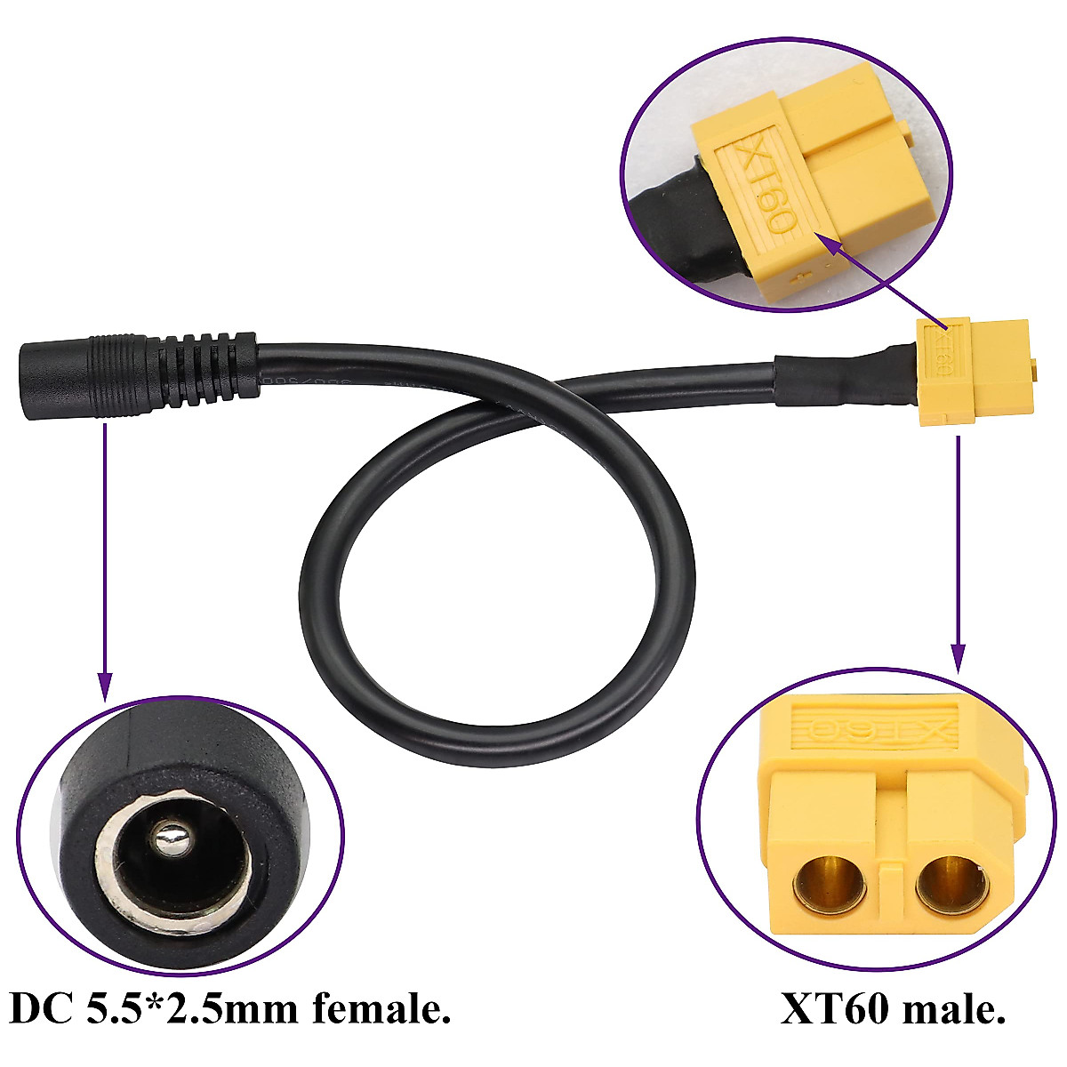 AAOTOKK XT60 to DC Adapter Cable XT60 Bullet Connector Female to DC 5.5mm X 2.5mm Female Power Jack Adapter Cable for TS100 Soldering Iron, FPV Monitor Power,Drone Power Cord.(30 cm-2Pack)