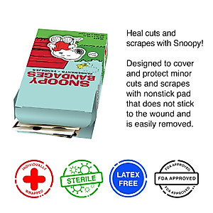 GAMAGO Peanuts Snoopy Adhesive Bandages - Set of 18 Individually Wrapped Self Adhesive Bandages - Sterile, Latex-Free & Easily Removable - Funny Gift & First Aid Addition