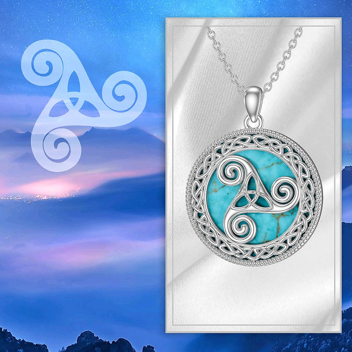 BETHZA Triple Spiral Celtic Necklace 925 Sterling Silver Genuine Turquoise Irish Knot Pendant Lucky Jewelry Gifts for Women Christmas St. Patrick's Day
