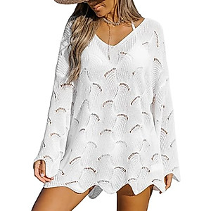 CUPSHE Women Casual Cut Out Swim Cover Up Drop Shoulder Long Sleeve V-Neck Cover-Ups,S White