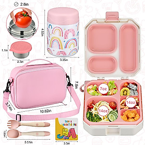 wiwens Bento Lunch Box for Kids with 12oz Soup Thermo Leak-Proof Lunch Food Container with 5 Compartment Thermo Hot Food Jar and Insulated Lunch Bag for Kid Toddler Girls Boys to School