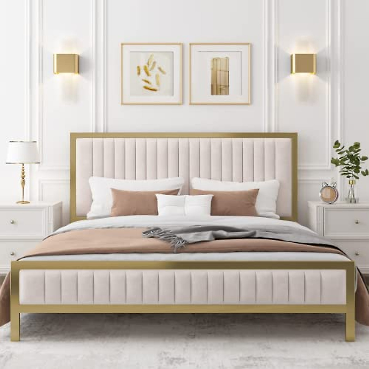 Full Size Bed Frame, Velvet Upholstered Platform Bed Frame Full Size, Golden Metal Bed Frame with Headboard and Footboard, Wooden Slat Support/Mattress Foundation/No Box Spring Needed, Golden/Beige