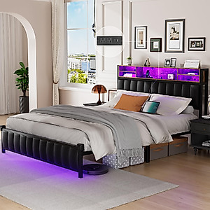 Alohappy Queen Bed Frame with Bookcase Headboard and LED Light,Upholstered Platform LED Bed Frame with Charging Station,Type-C & USB Ports,No Box Spring Needed,Easy Assembly and Noise Free