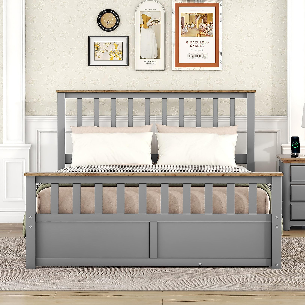 Queen Size Country Style Wooden Platform Bed Frames with 2 Storage Drawers, Modern Platform Bed with Headboard/Footboard, Noise-Free for Bedroom Boys Girls Adults Teens, Solid Wood Slat Support(Gray)