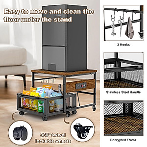 Mini Fridge Stand with Storage and Wheels, Heavy Duty Mini Fridge Table with Power Outlets for 220LBS Refrigerator, Rolling Fridge Cart with Large Capacity Drawer for Dorm,Office,Bedroom (Retro Brown)