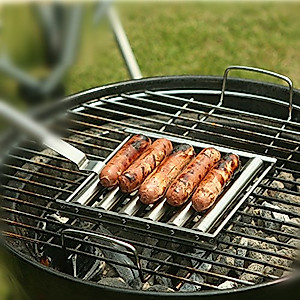 i Kito Charcoal Stainless Steel Hot Dog Sausage Roller Rack Steamer with Extra Long Wood Handle New BBQ Tools 5 Section Brat Griller