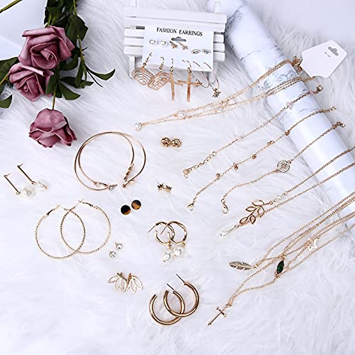 AROIC 38 PCS Gold Jewelry Set with 4 PCS Necklace,10 PCS Bracelet,24 PCS Layered Ball Dangle Hoop Stud Earrings for Women Girls Jewelry Fashion and Valentine Birthday Party Gift