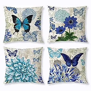 Outdoor Pillow Covers 18x18 Waterproof Set of 4 Butterfly Outdoor Pillows for Patio Furniture Blue Teal Floral Outdoor Pillows Decorative Garden Cushion Couch Throw Pillows Covers Home Decor 