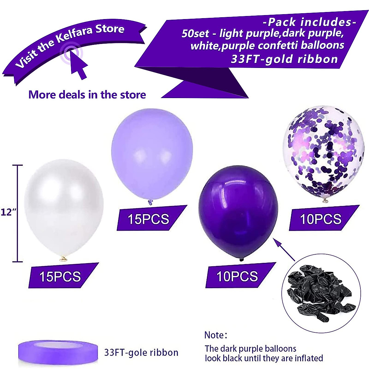 White Purple Confetti Latex Balloons, 50pcs 12 inch Helium Party Balloon with 33 Ft Purple Ribbon for Birthday, Girls Baby Shower, Wedding, Anniversary and Festival Ceremony Princess Decoration