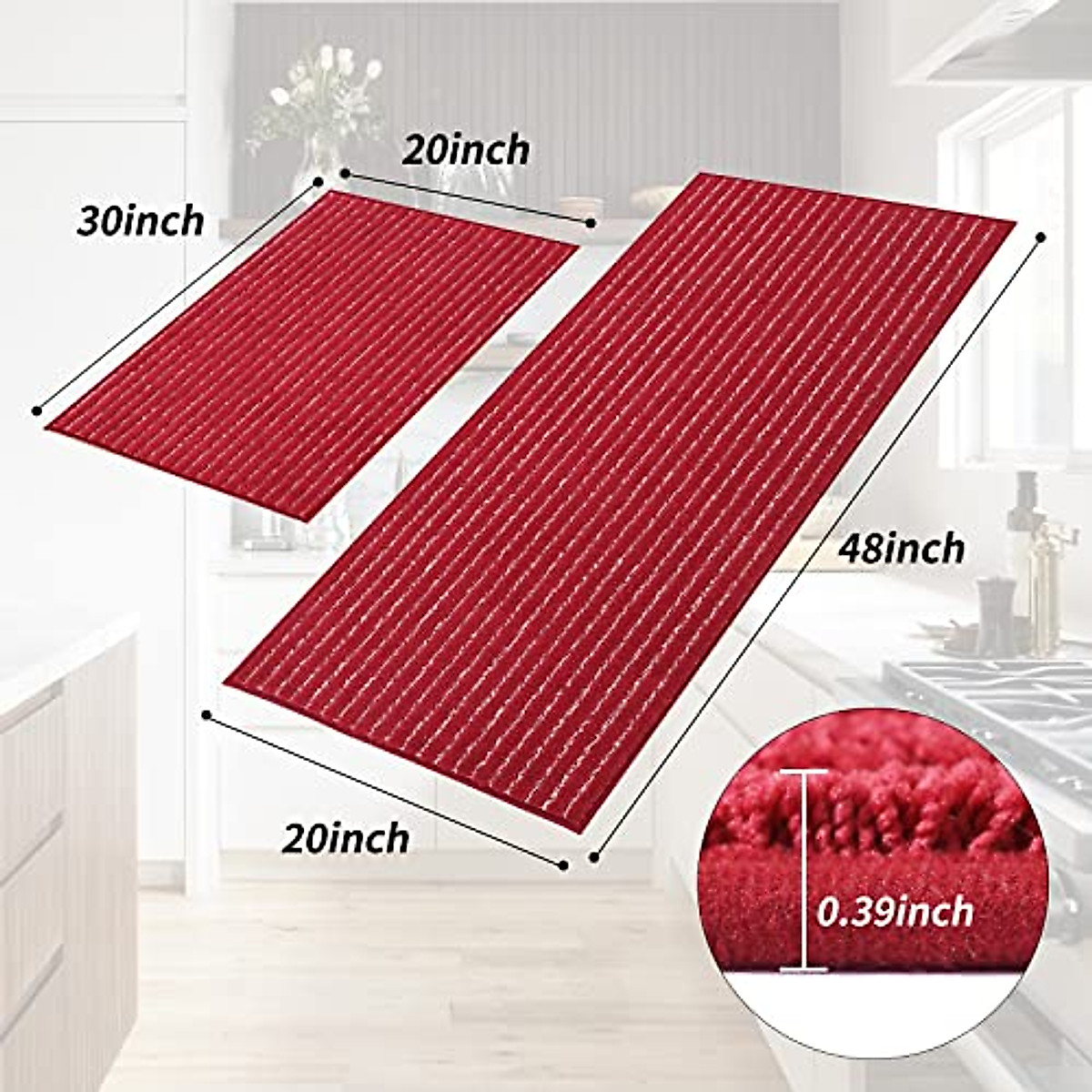 BEQHAUSE Red Kitchen Rugs Set of 2 Non-Slip Kitchen Runner Rug Washable Kitchen Mats for Floor Absorbent Soft Standing Mats for Kitchen,Laundry,Hallway&Sink 20”x30”+20”x48”