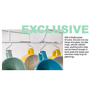 [HomTory] NO DRILLING Nail Free Stemware Wine Glass Metal Hanger Rack Organiser with 4 S-Hooks Combo - Holds Wine Glass, Mug, Utensil, Kitchenware, Stemware for Cabinet, Bar, Shelf, Kitchen