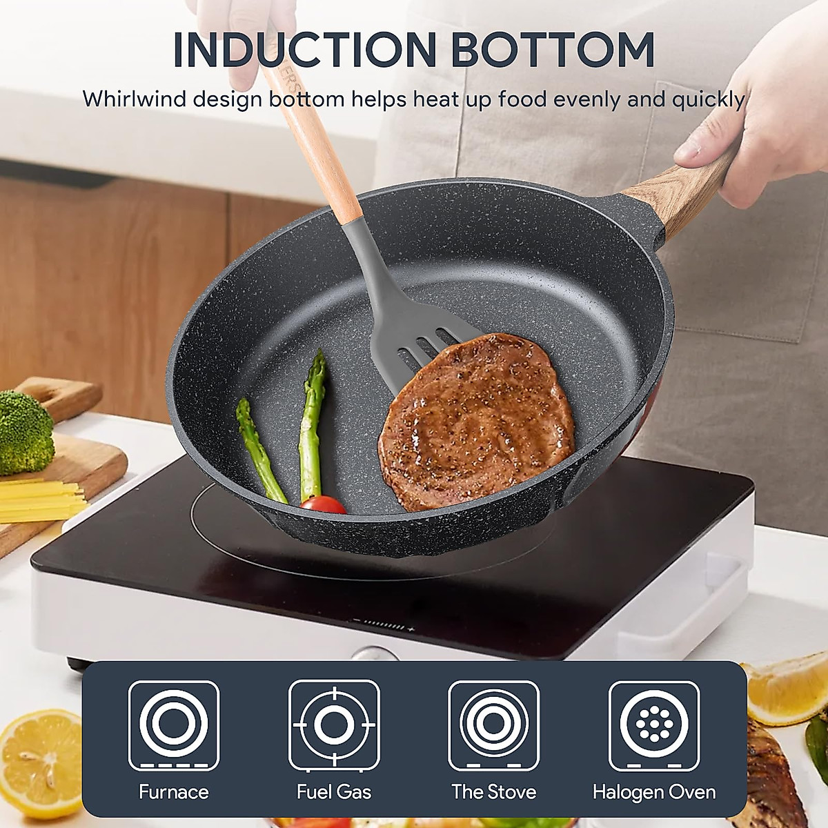 ITSMILLERS Non-stick 3 Pcs Die-cast Deep Frying Pan Set Skillet Set Egg Omelette Pan, Induction Bottom with Silicone Spatula, PFOA Free