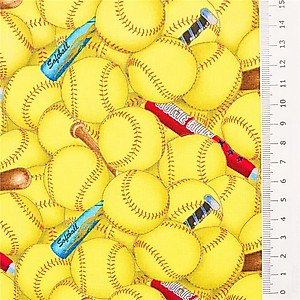 Softball yellow cotton fabric from the USA by Elizabeth's Studio, with balls and bats (per 0.5 yard)