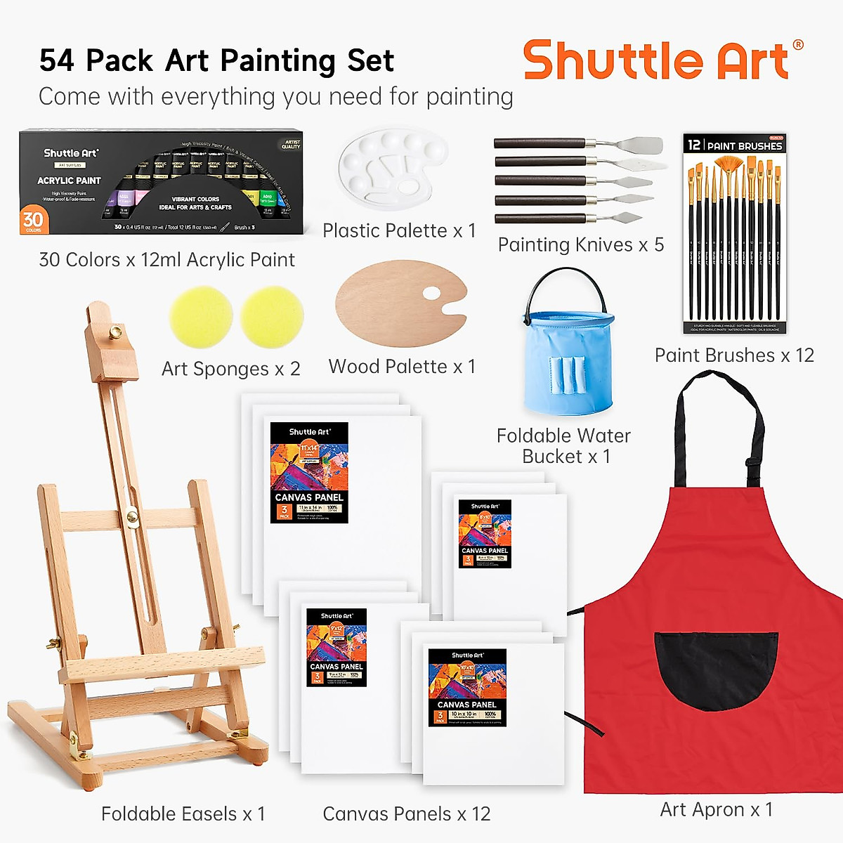 66 Pack Acrylic Paint Set, Shuttle Art Acrylic Painting Set with 30 Colors Acrylic Paint, Wooden Easel, Painting Canvas, Paint Brushes, Palettes, Art Painting Supplies for Kids Adults Beginner Artists