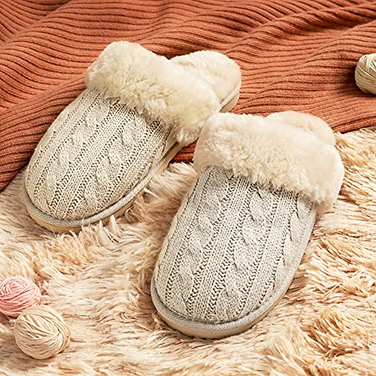 DREAM PAIRS Women's Cozy_06 Beige Cable Knit Faux Fur Mules Comfy Slippers Size 11 M US